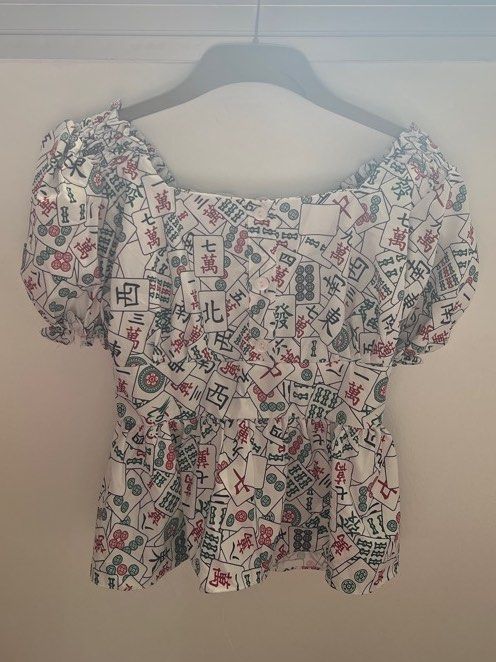 Mahjong Puff Sleeve Top, Women's Fashion, Tops, Blouses on Carousell