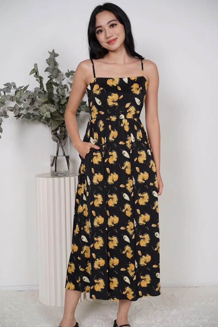 Mds Lionel Cami Midi Dress in Yellow Black Floral, Women's Fashion, Dresses & Sets, Dresses on ...