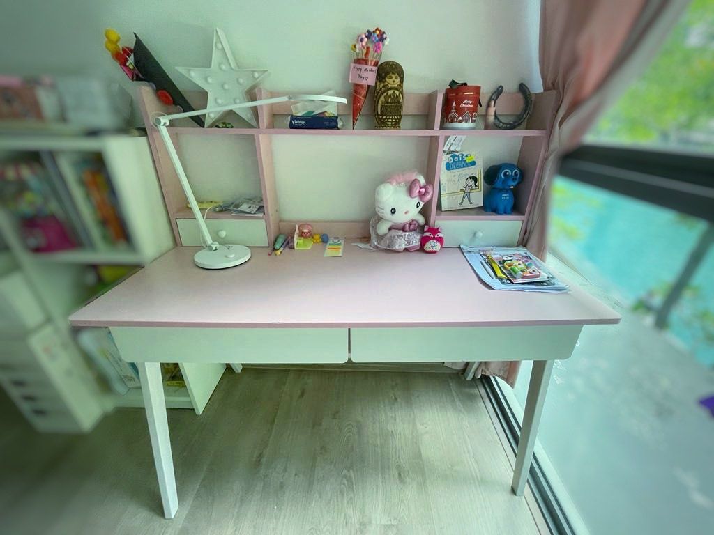 Pink Kids Study Desk with Shelves and Drawers, Furniture & Home Living ...