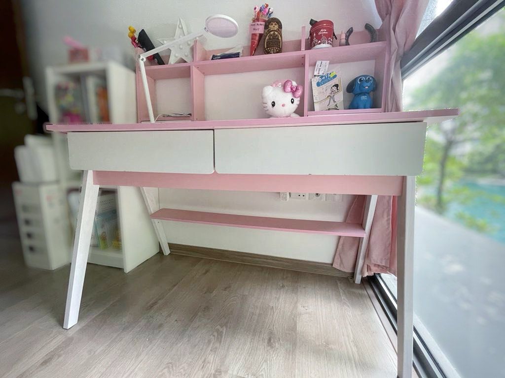 Pink Kids Study Desk with Shelves and Drawers, Furniture & Home Living ...
