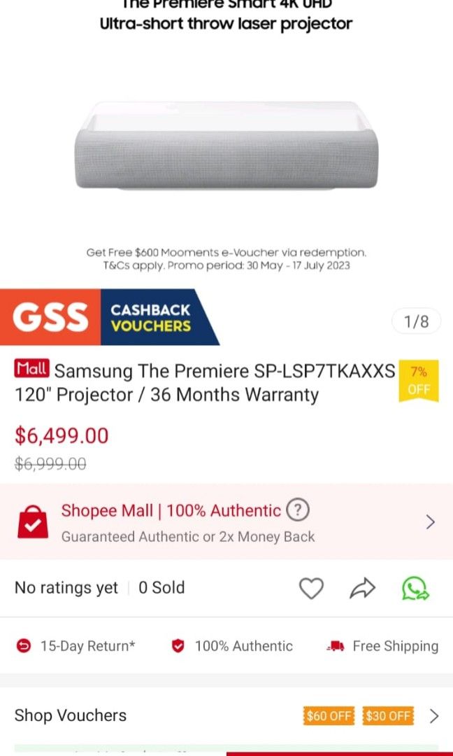 SAMSUNG 4K Laser Projector The Premiere SP-LSP7TKA, TV & Home Appliances, TV & Entertainment ...