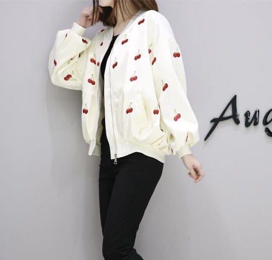 Satin sweet cherry bomber jacket, Women's Fashion, Coats, Jackets and ...