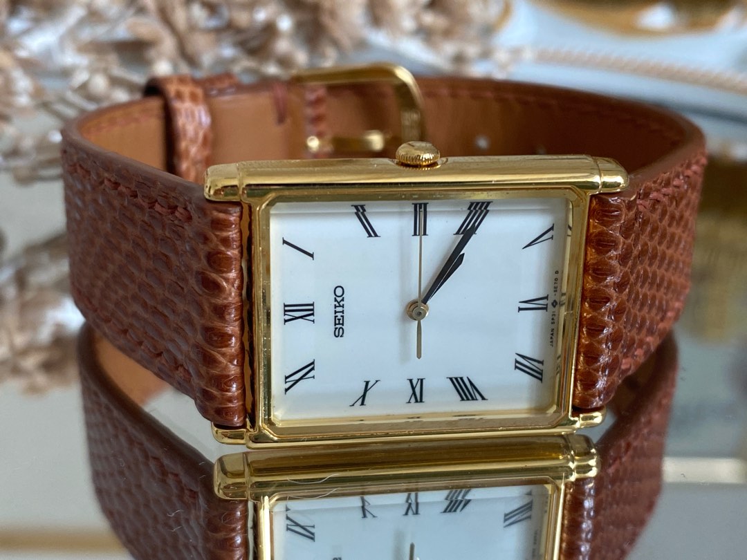 Seiko Tank Vintage Classic Watch Gold With Genuine Lizard, Luxury, Watches on Carousell