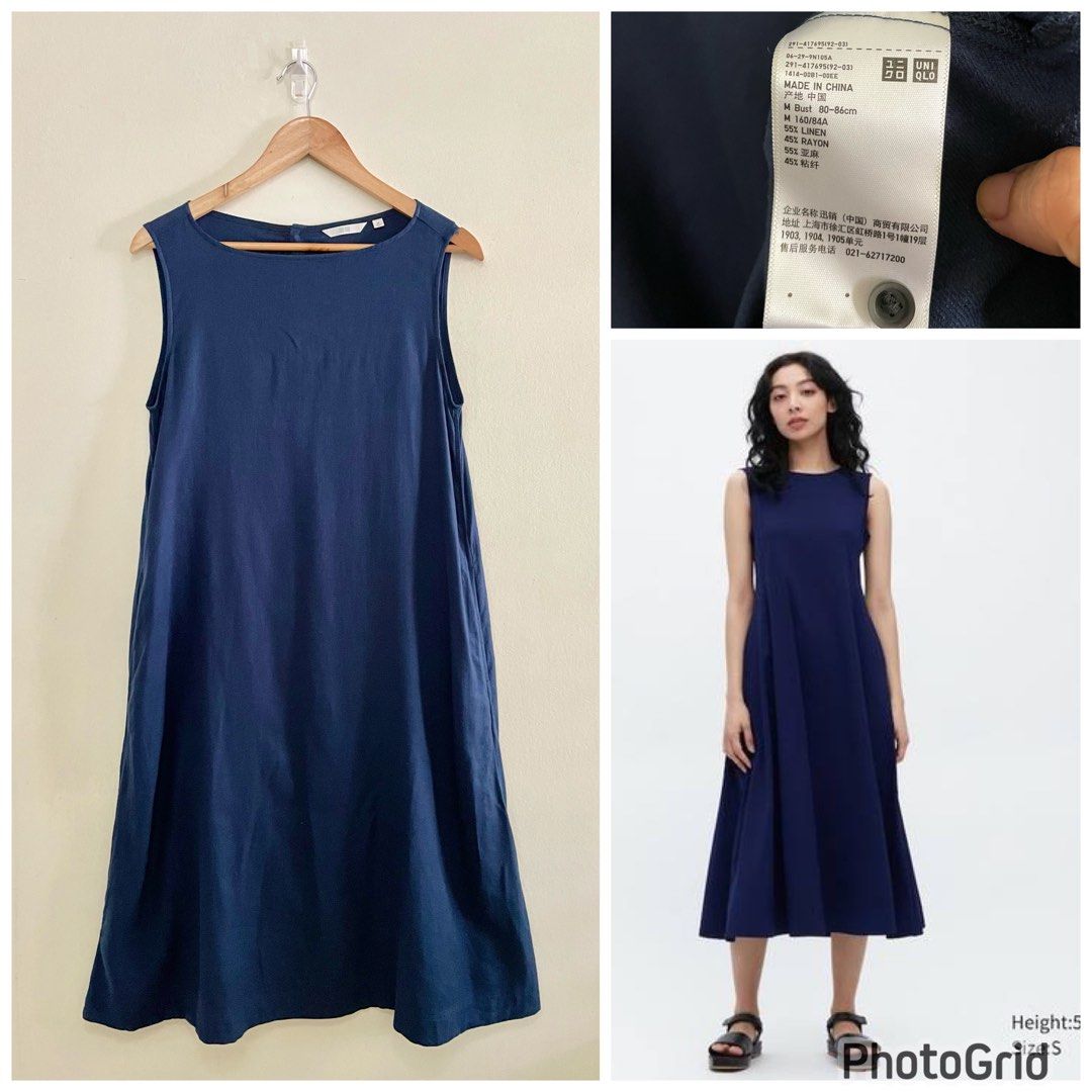 Uniqlo navy blue linen midi dress, Women's Fashion, Dresses & Sets ...