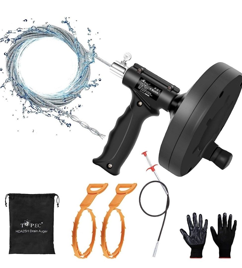 6.2)Topec 6 in 1 Snake Drain Auger 7.62M, Professional Sink Snake Hair ...