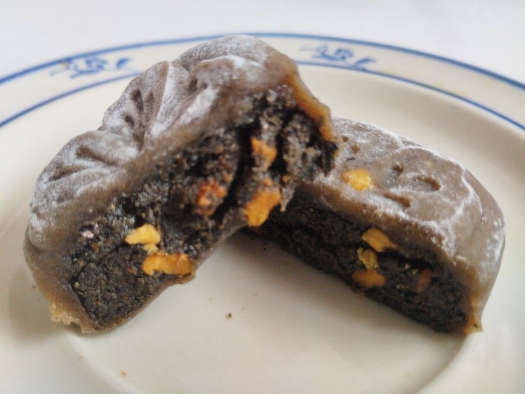 Black sesame snowskin mooncake with walnuts - reduced sugar, Food ...