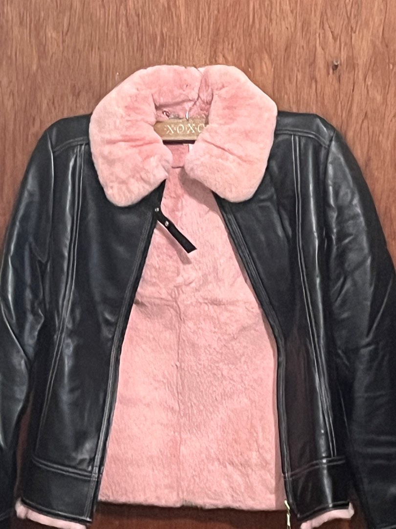 Fur pinky leather jacket small-med on Carousell