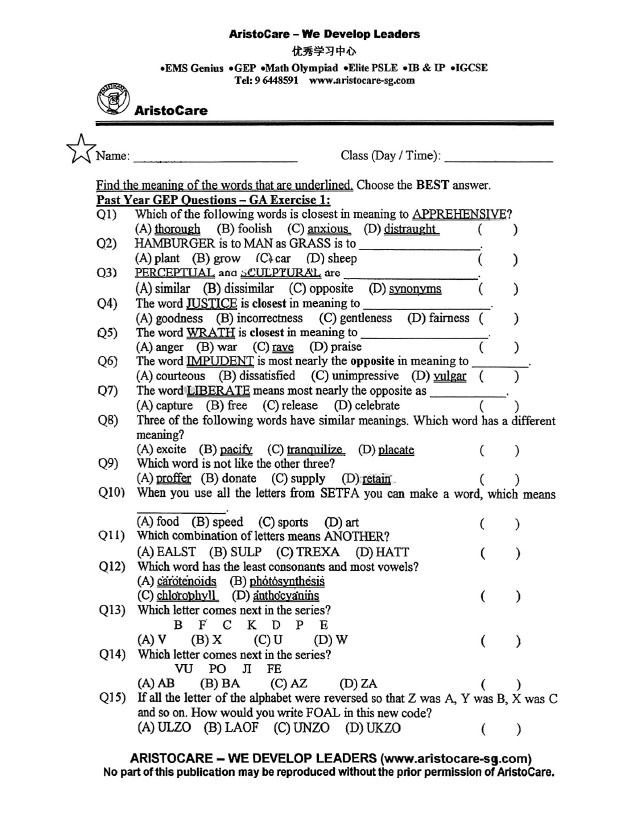 GEP P1 P2 P3 P5 P6 GEP Screening and selection test Prep English Math ...