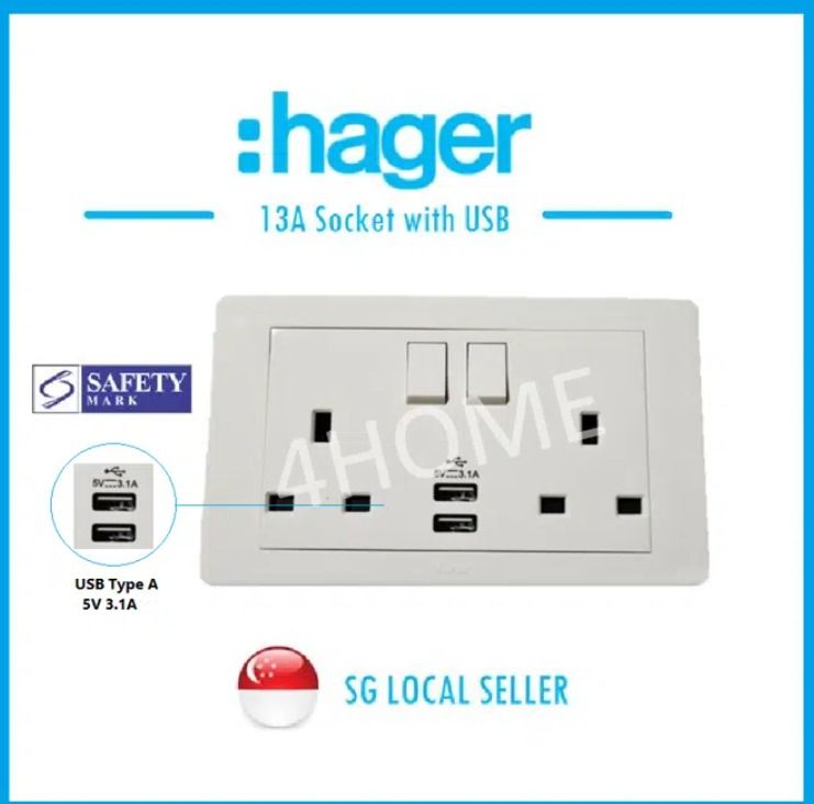 Hager Muse Single Socket Double Socket with USB A Safety Mark Approved ...