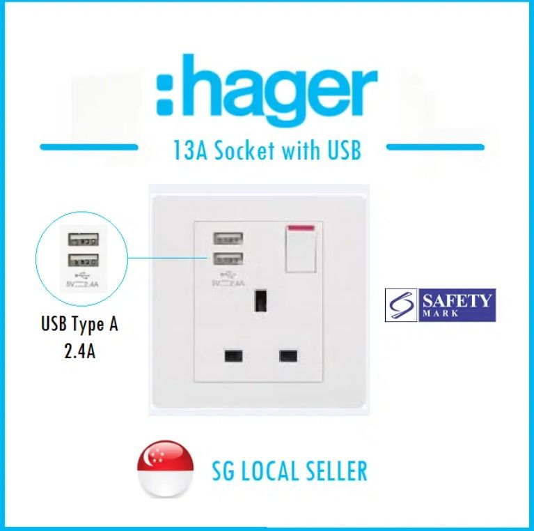 Hager Muse Single Socket Double Socket with USB A Safety Mark Approved ...