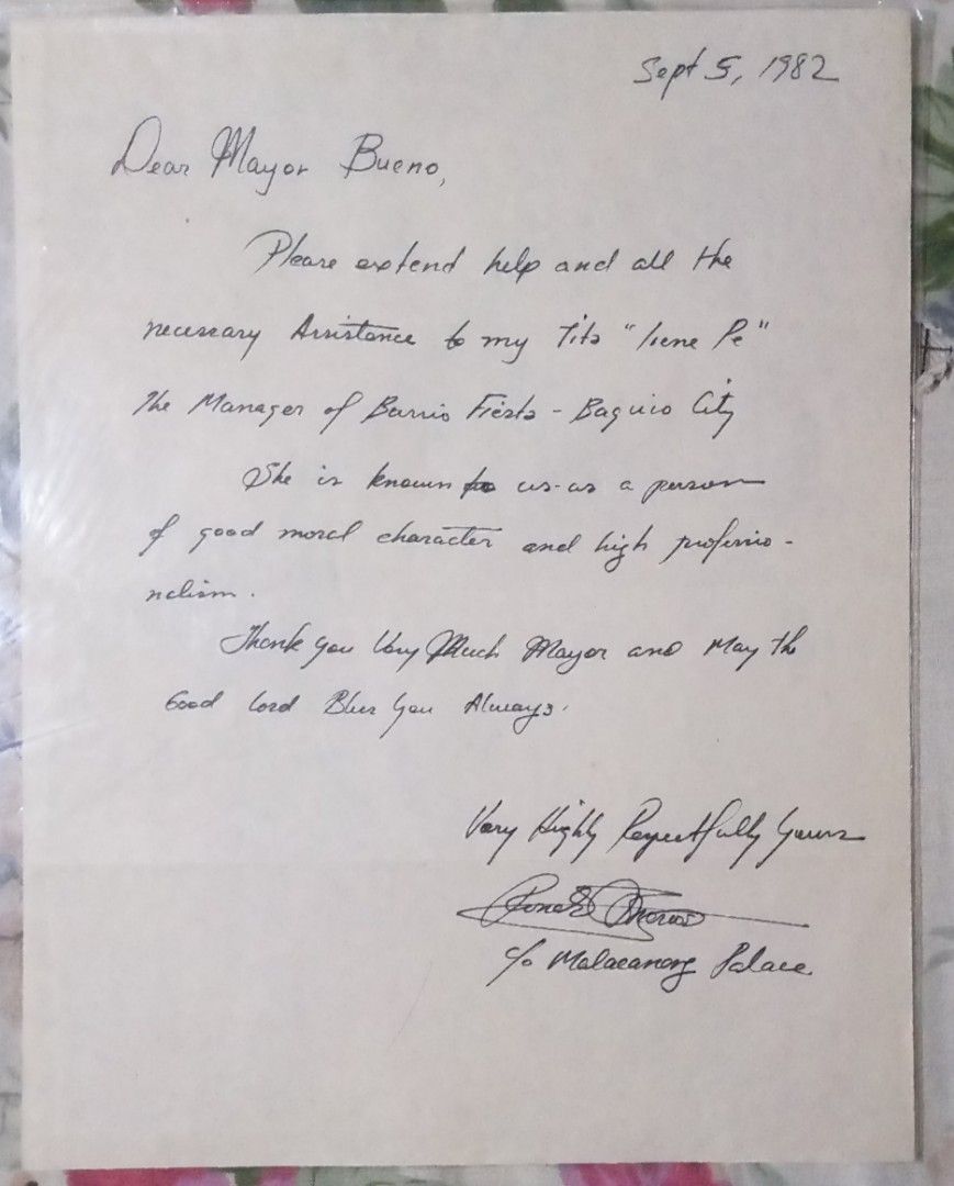Handwritten letter to Former Mayor Bueno of Baguio City signed by ...
