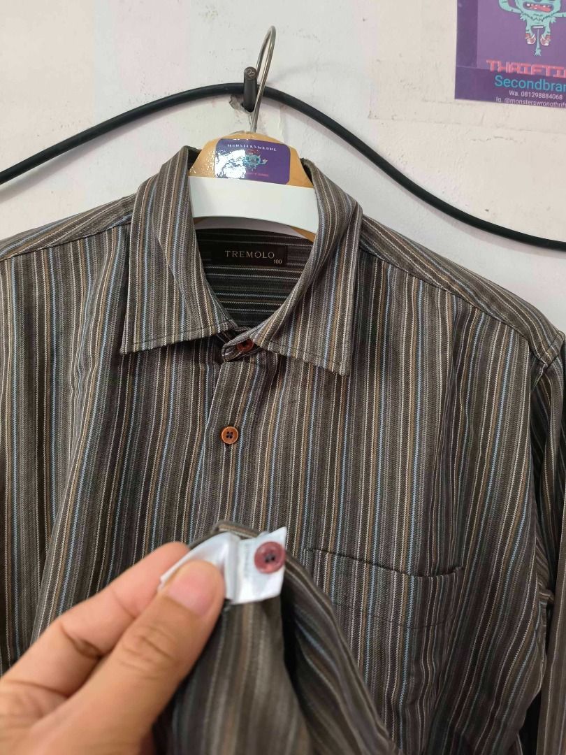 Kemeja Katun Tremolo Hijau Lumut Garis Garis, Fesyen Pria, Pakaian ...