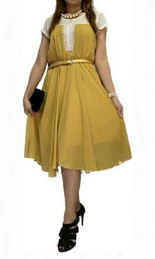 Maize Yellow Asymmetric Pleated and Laced Garter Waist Midi Dress on ...