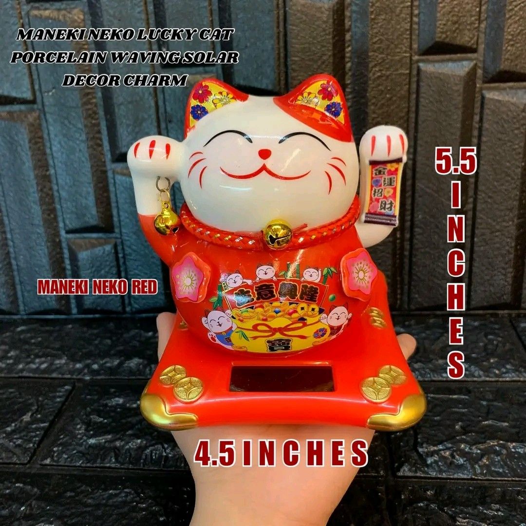 Maneki neko lucky cat porcelain waving solar decor on Carousell