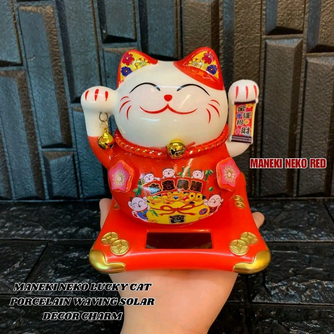 Maneki neko lucky cat porcelain waving solar decor on Carousell
