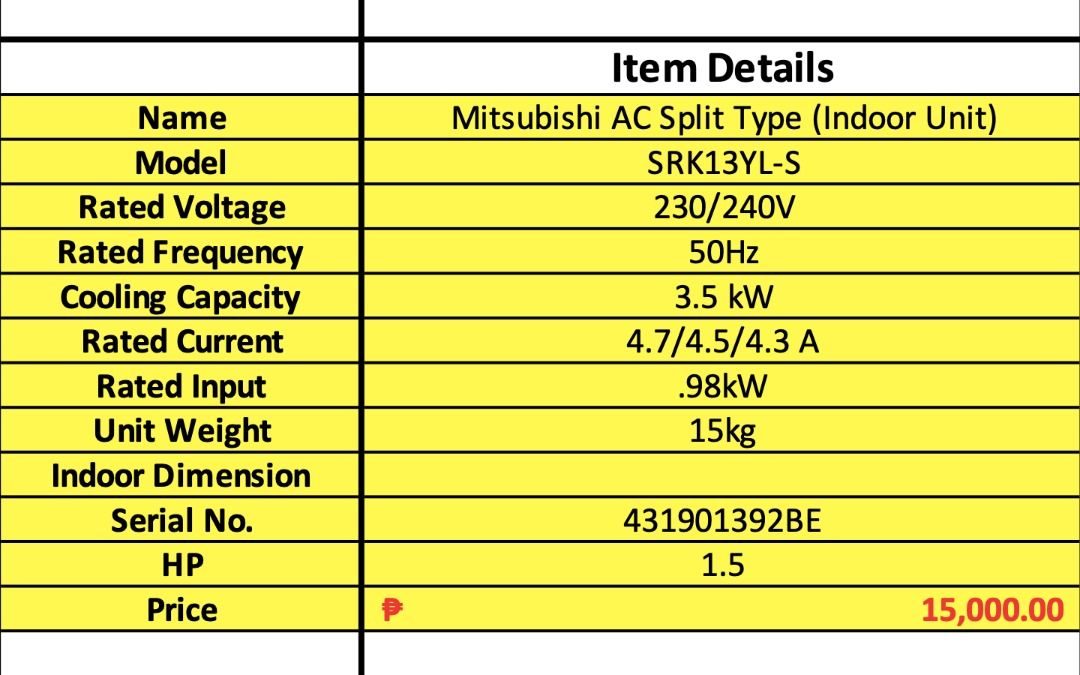Mitsubishi AC Split Type Inverter (Indoor Unit), TV & Home Appliances ...