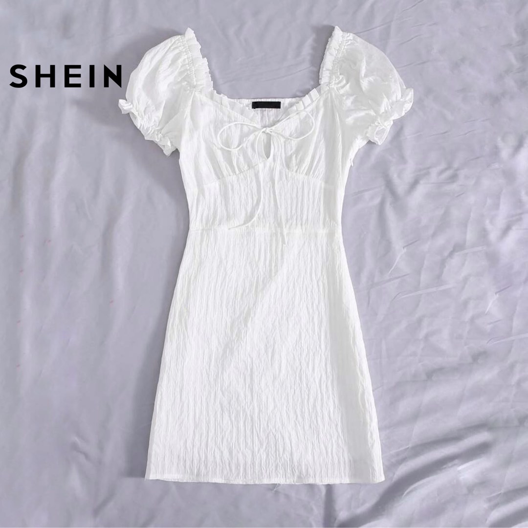 NEW SHEIN Frill Trim Tie Front Crinkle Dress White Texture Puff Sleeves ...