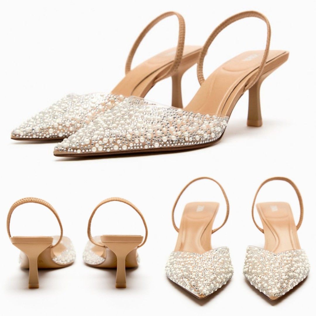 Sepatu ZARA Pearl Slingback Heels Shoes, Fesyen Wanita, Sepatu di Carousell