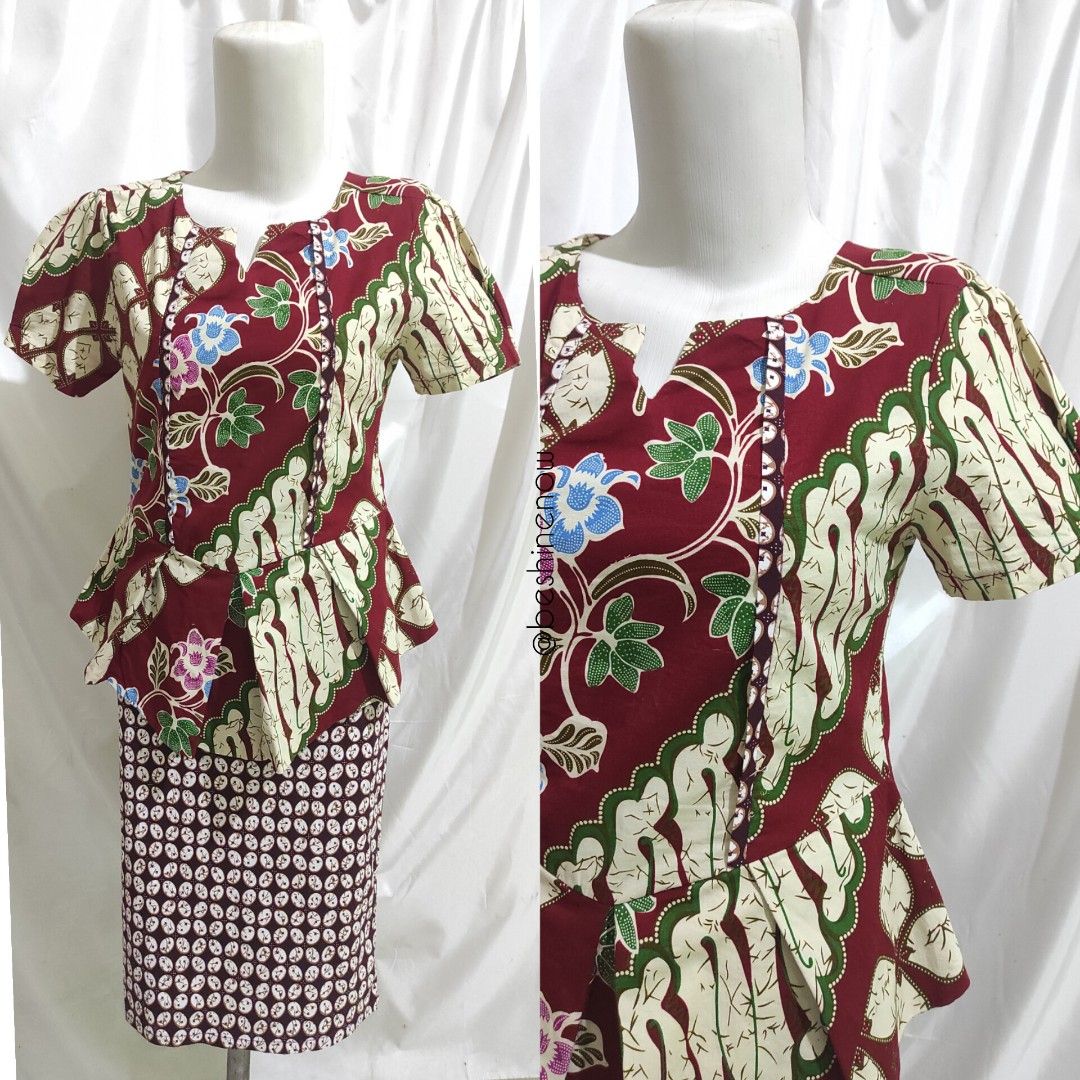 Women's Dress Batik Kawung Formal Duo Flower / Mididress Batik Kerja ...