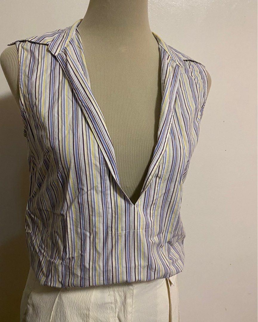 y2k stripped collar deep V vest top on Carousell