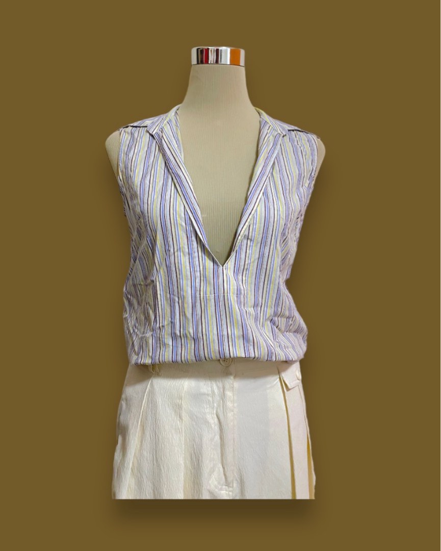 y2k stripped collar deep V vest top on Carousell