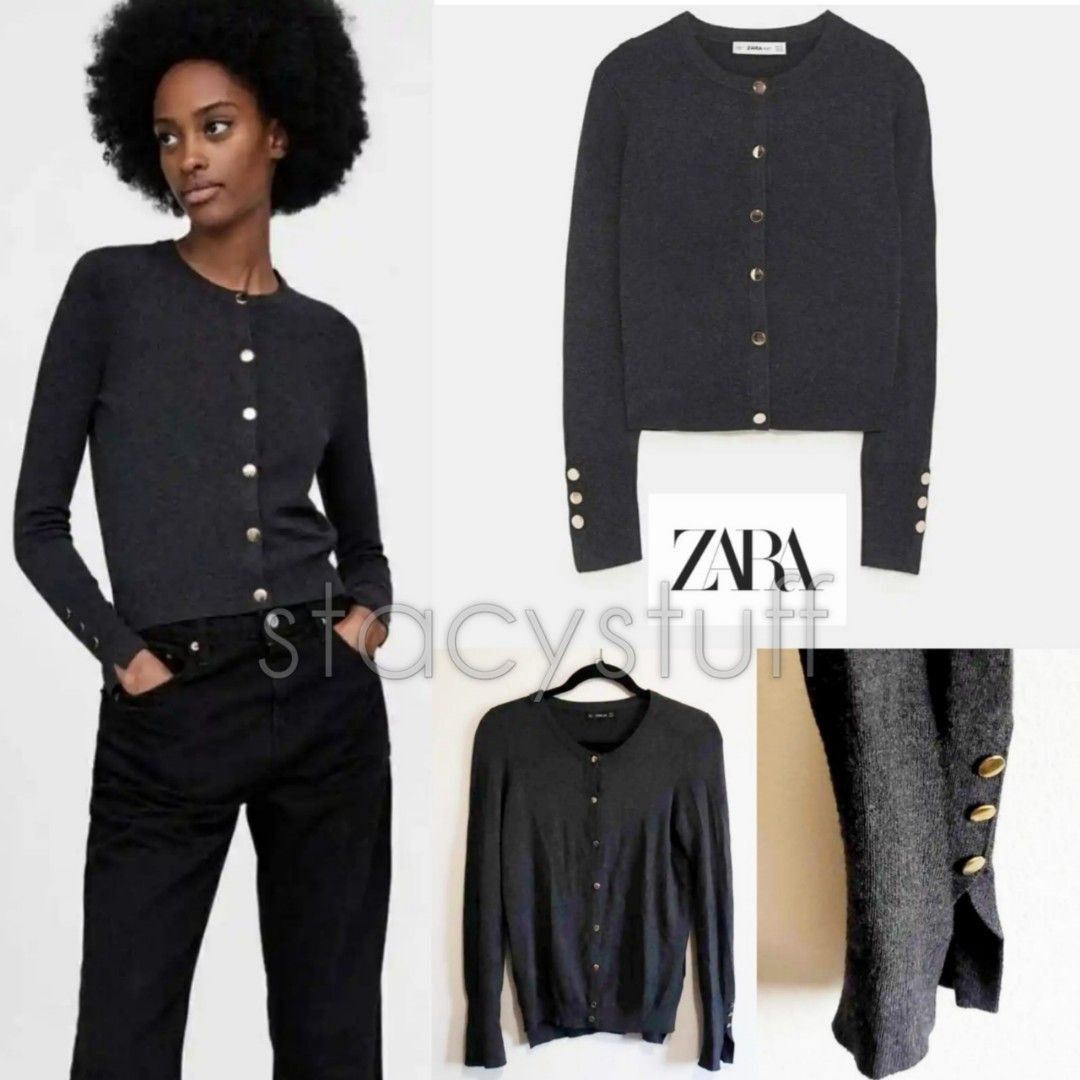 ZARA Knit Cardigan/Outer Gold Button Dark Grey ORIGINAL, Fesyen Wanita, Pakaian Wanita, Baju ...