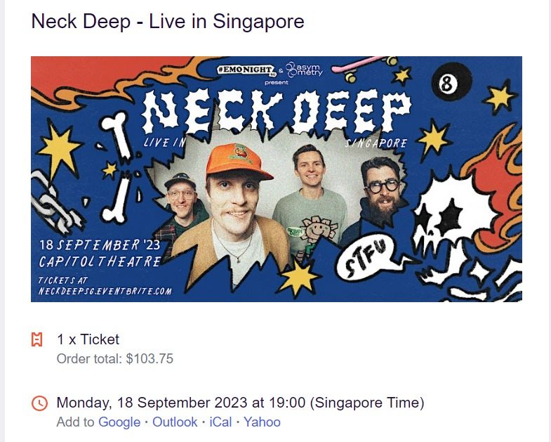 1 x CAT B NECK DEEP SINGAPORE TICKET (Section 2, Row F), Tickets ...