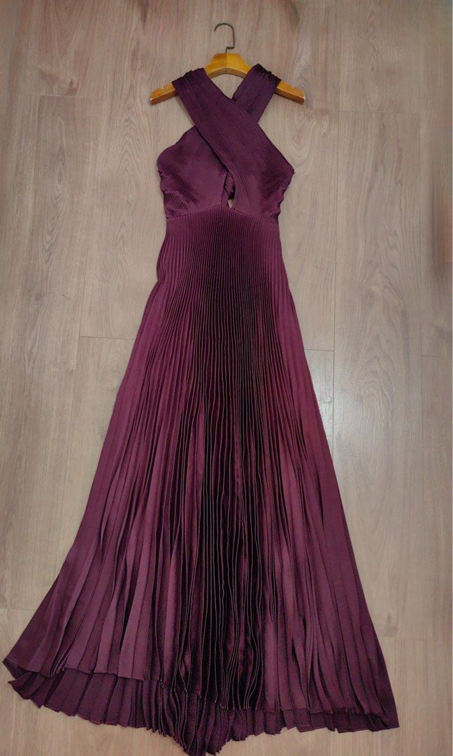 ALC Athena pleated maxi dress gown burgundy red, Women's Fashion ...