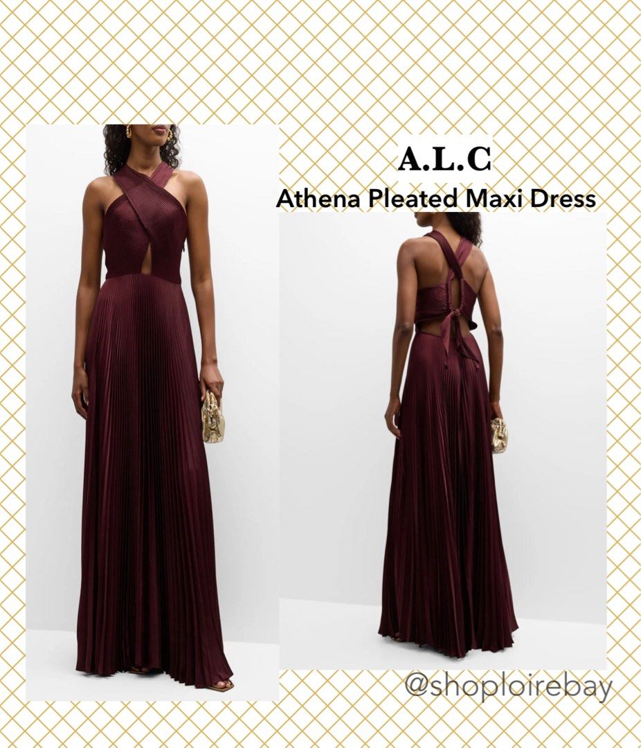 ALC Athena pleated maxi dress gown burgundy red, Women's Fashion ...