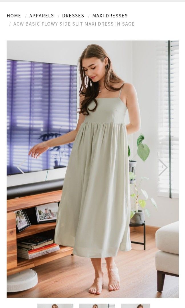 Anticlockwise Basic Flowy Side Slit Maxi Dress in Sage, Women's Fashion ...