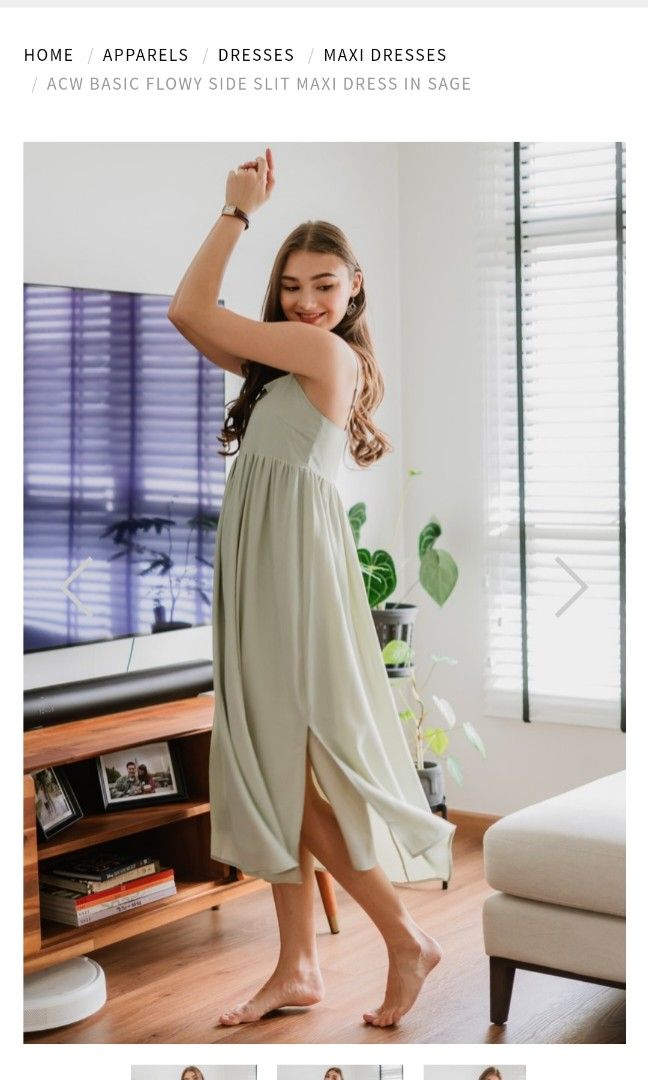Anticlockwise Basic Flowy Side Slit Maxi Dress in Sage, Women's Fashion ...