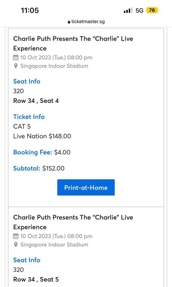 Charlie Puth Singapore cat 5, Tickets & Vouchers, Event Tickets on ...