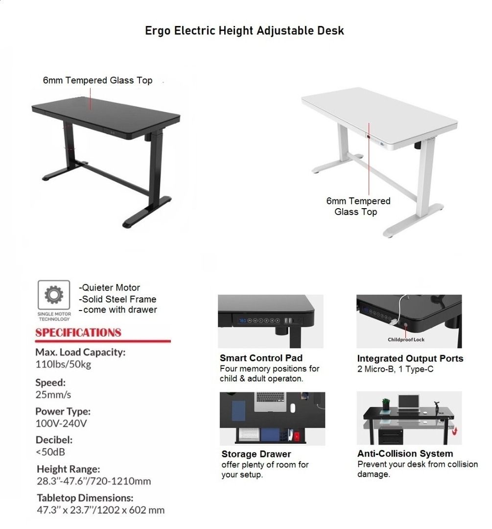 Ergo Electric Height Adjustable Desk-(Glass Tabletop)-Display Sets ...