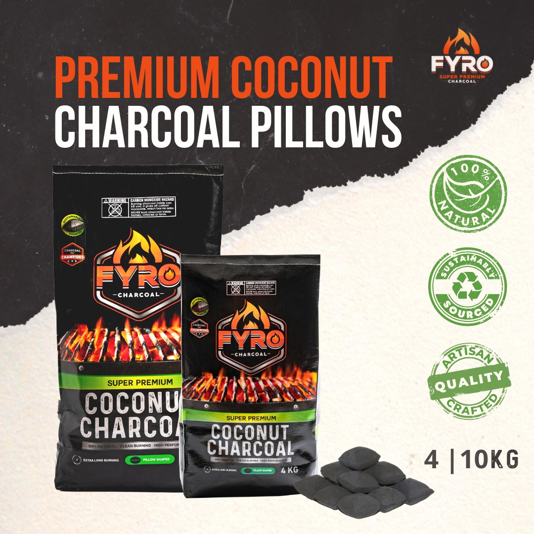 FYRO PREMIUM COCONUT CHARCOAL BRIQUETTES (4kg) Smokeless when lighting ...