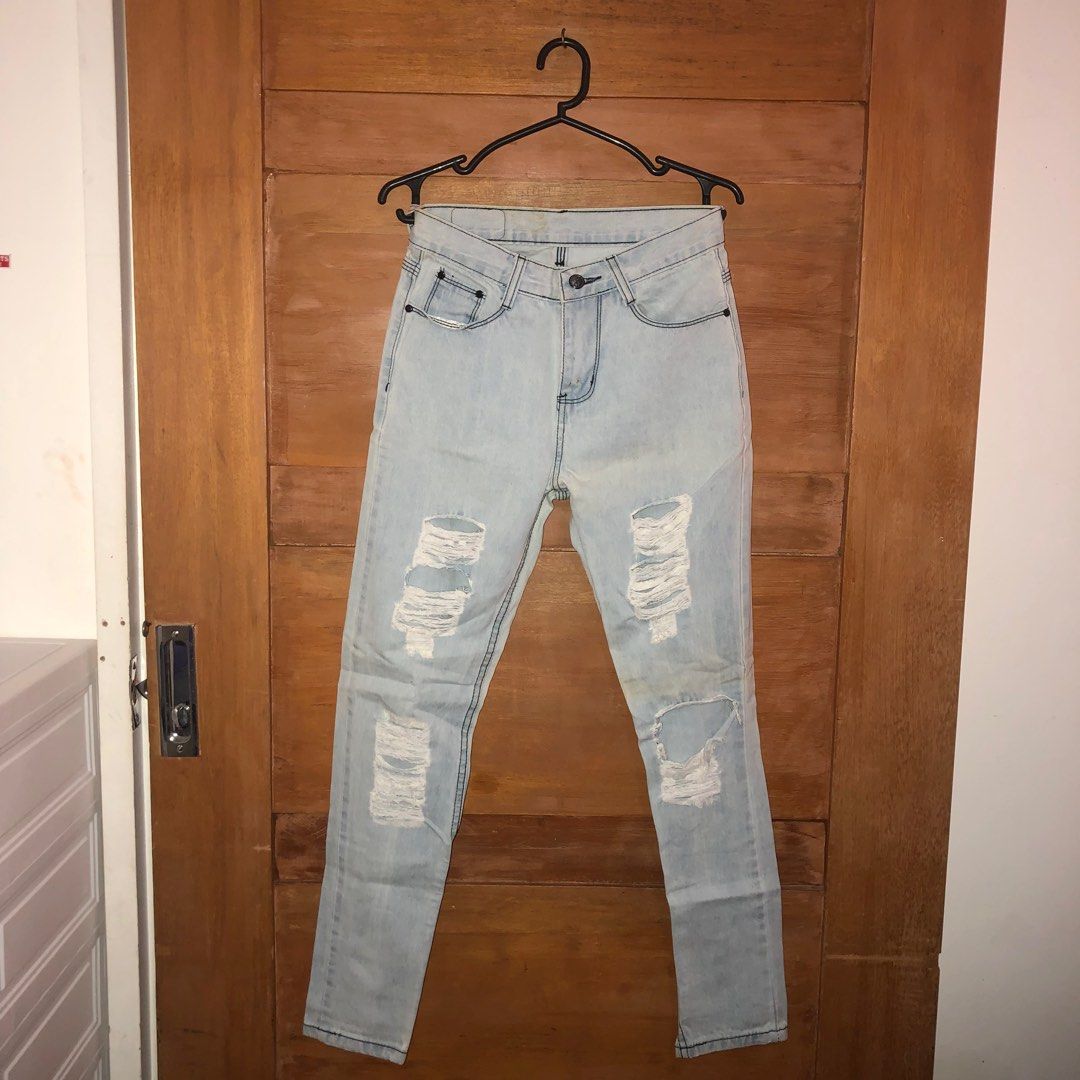 Denim Blue High Waist Tattered/ Ripped Jeans on Carousell