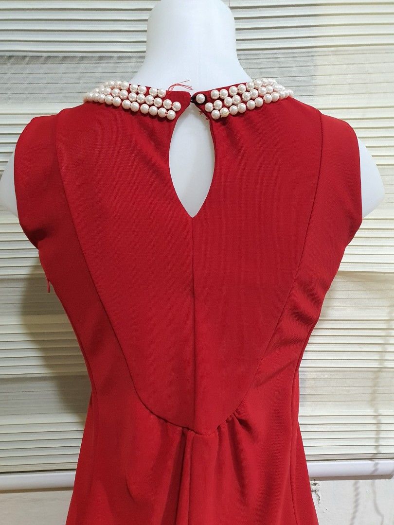 Red semi formal smart casual dress with pearls on Carousell