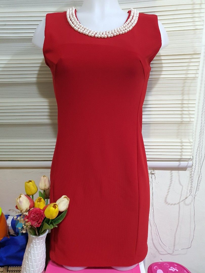 Red semi formal smart casual dress with pearls on Carousell