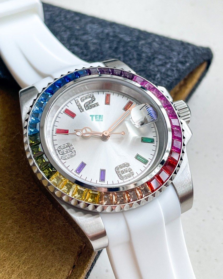🌈Seiko Mod🌈 Rainbow Bezel with Gem Stones Sunburst Dial and Silicone ...