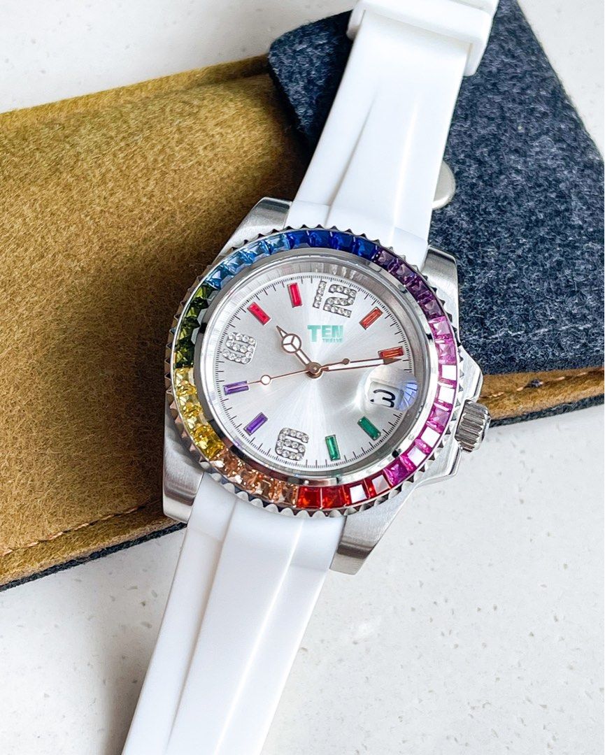 🌈Seiko Mod🌈 Rainbow Bezel with Gem Stones Sunburst Dial and Silicone ...