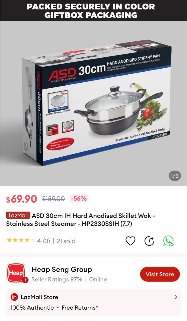 BNIB ASD 30cm Hard Anodized IH Stir Fry Pan with Steamer, Furniture ...