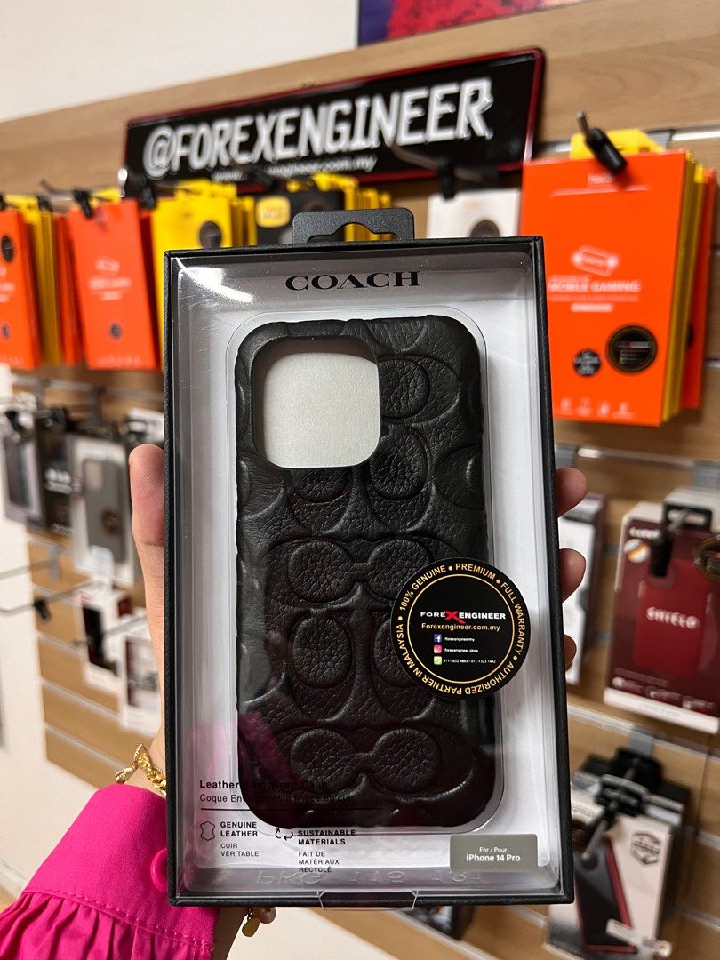 Coach Leather Slim Wrap for iPhone 14 Pro - Black Emboss Signature C Pebbled Leather (Barcode ...