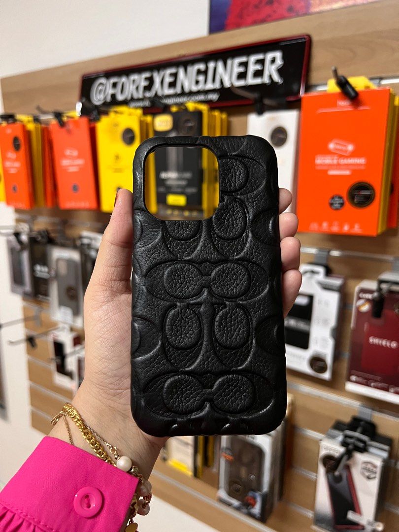 Coach Leather Slim Wrap for iPhone 14 Pro - Black Emboss Signature C Pebbled Leather (Barcode ...