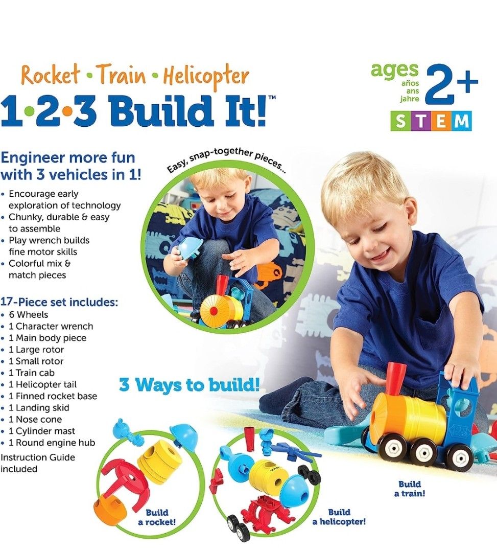 Learning Resources 1-2-3 Build It! with Train, Rocket and Helicopter,17 ...