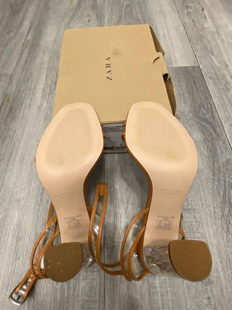 Zara Transparent Block Heels with Tan-Clear Vinyl Straps on Carousell
