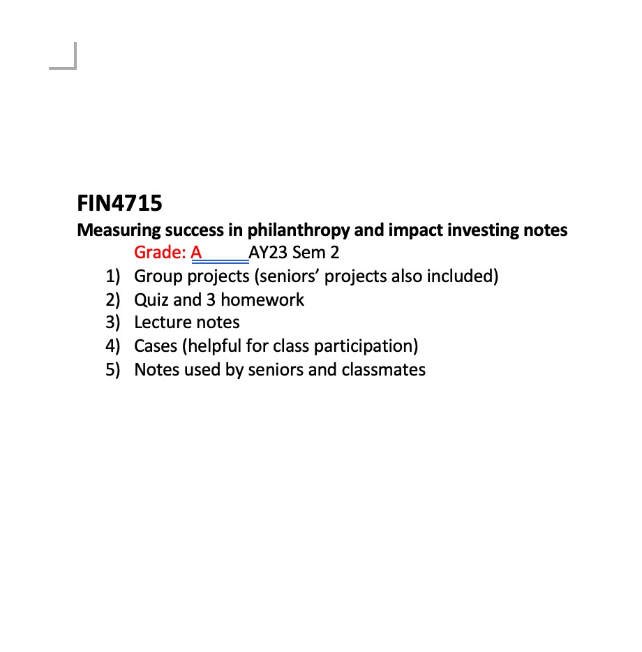 (A)NUS FIN4715 Measuring Success in Philantrophy & Impact Investing ...
