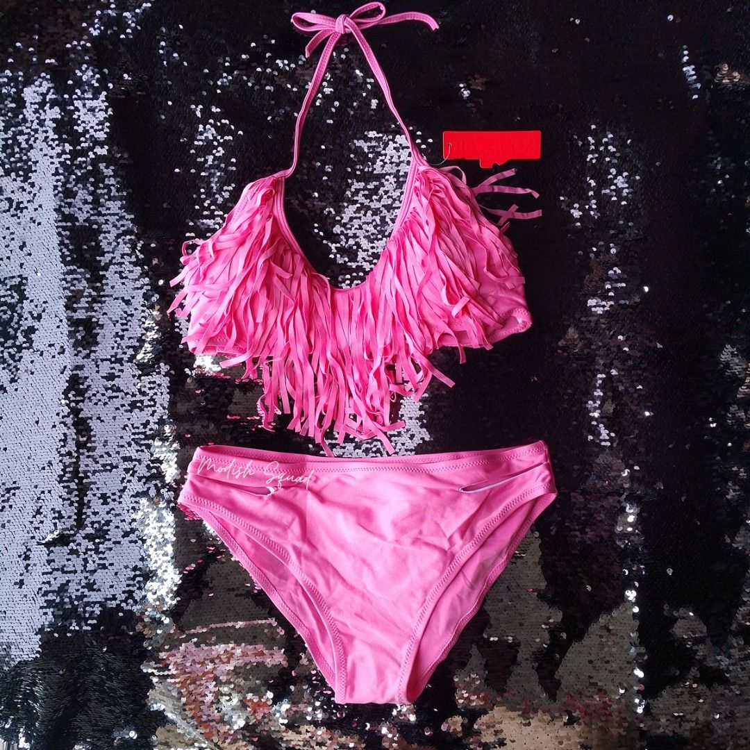 Bnew 2pc Bikini Set Pink Bikini Fringe Hide Belly Swimsuit Pink Skimpy Bikini Barbie Bikini