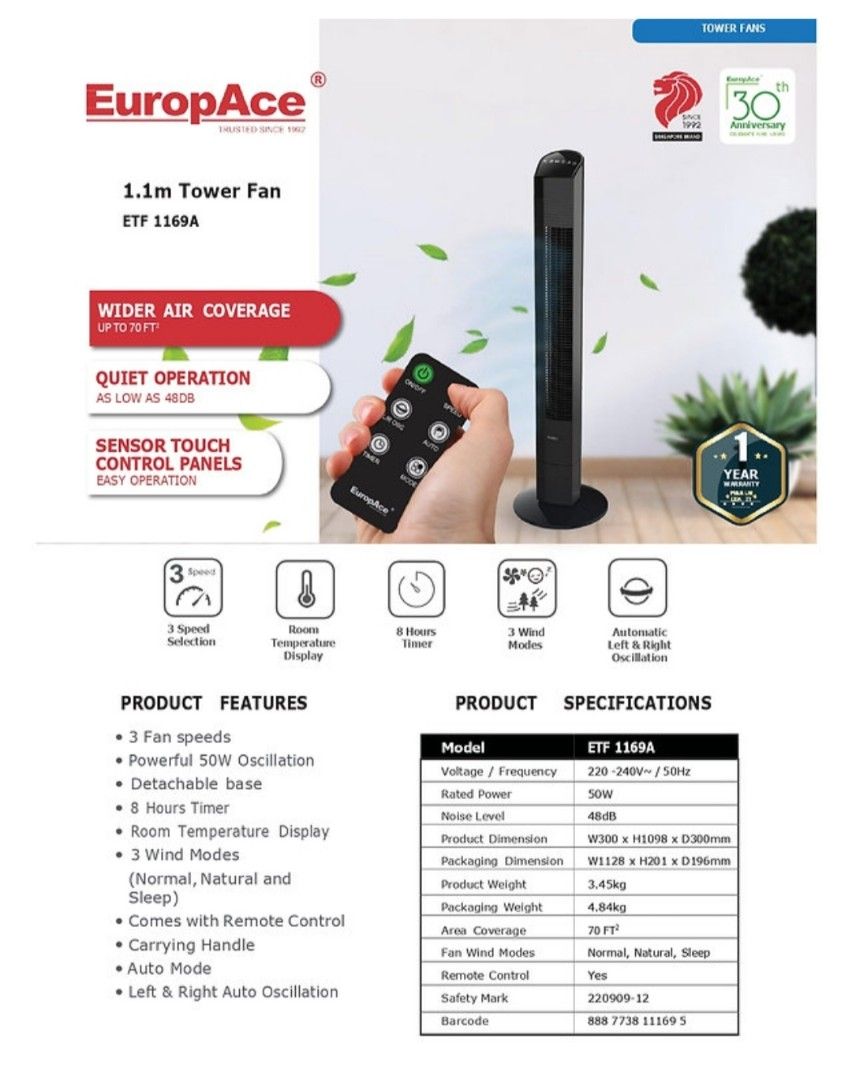 *Brand New* EuropAce Tower Fan 1.1m (ETF 1169A) (U.P $149), Furniture ...