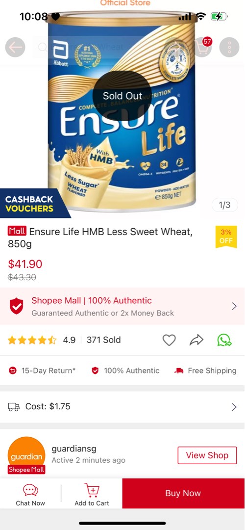 Ensure Life HMB wheat flavour milk powder, Health & Nutrition, Health ...