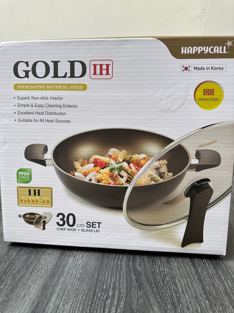 Happycall IH Gold 30 cm Chef Wok with Lid, Furniture & Home Living, Kitchenware & Tableware ...