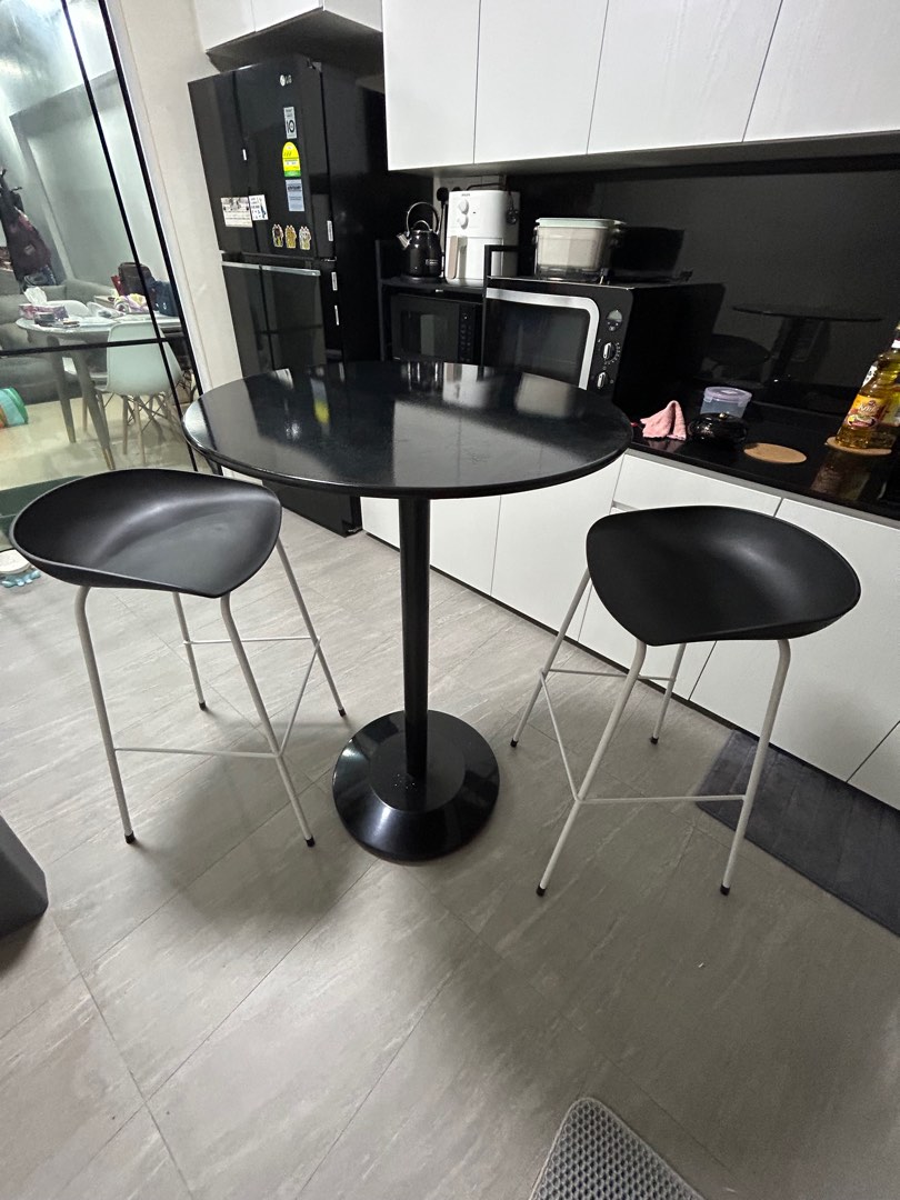 High table 60cm diameter x 102cm. High stools 75cm height., Furniture ...